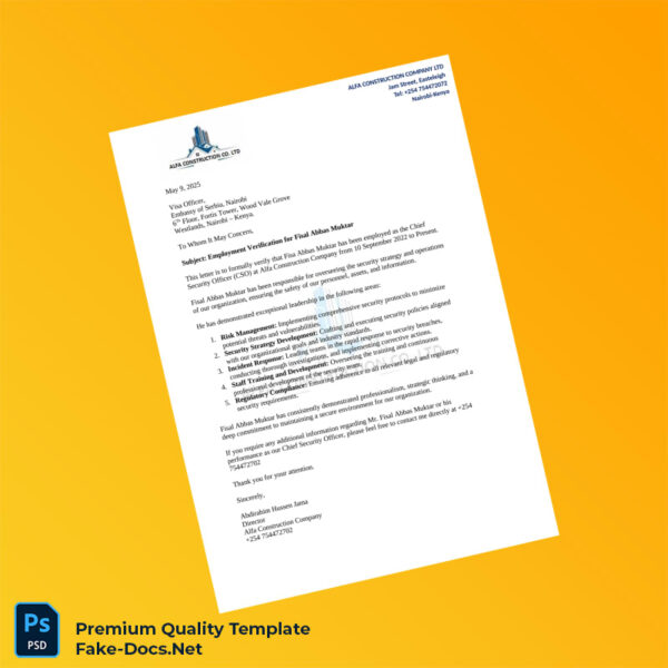 Kenya Alfa Construction Company Employment Verification Letter Template ...