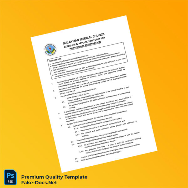 Malaysia Malaysian Medical Council Provisional Registration Certificate ...