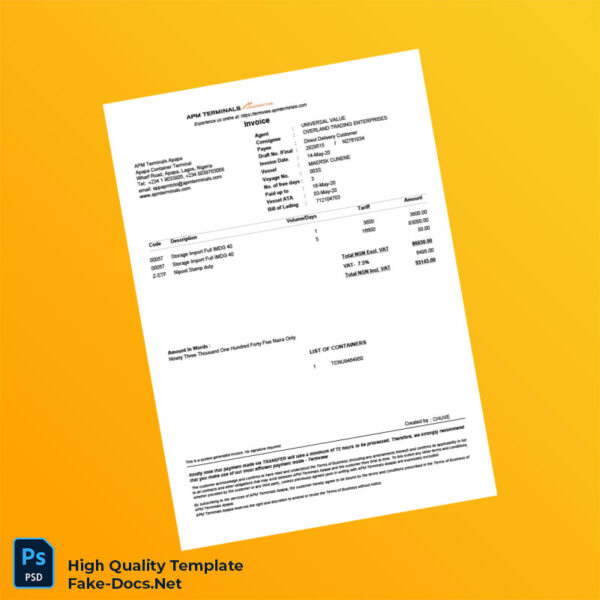 Nigeria APM Terminals Apapa Invoice Template in Word and PDF formats ...