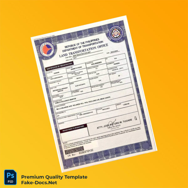 Philippines Department of Transportation Certificate of Registration ...