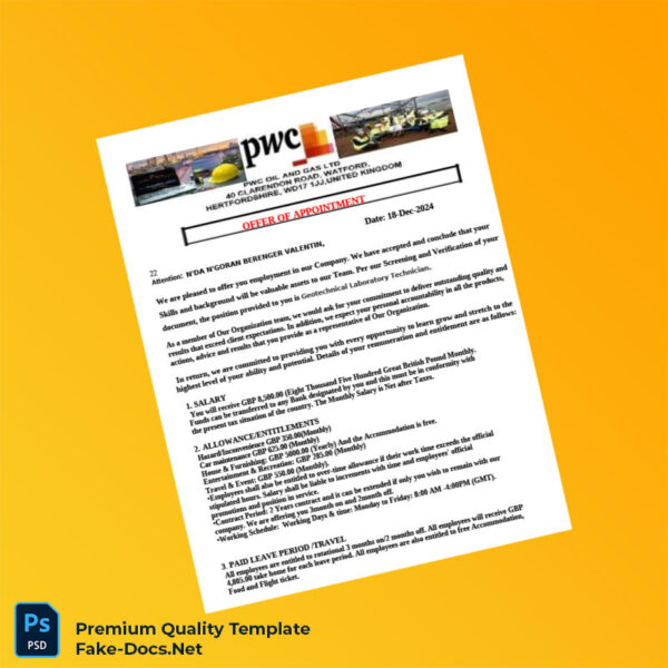 United Kingdom PWC Oil and Gas Ltd Employment Verification Letter ...