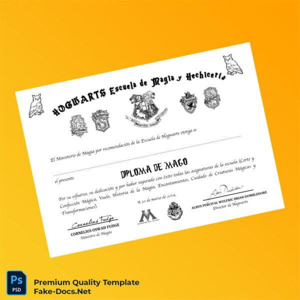 Spain Hogwarts School of Magic Wizard Diploma Template - High Quality ...